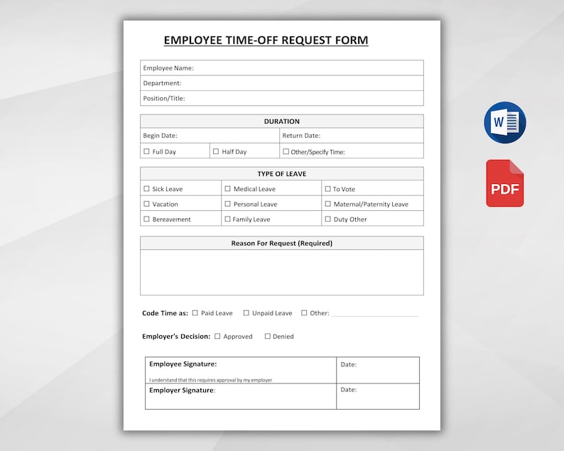 Employee Time-off Request Template Printable Vacation Request Form PTO ...