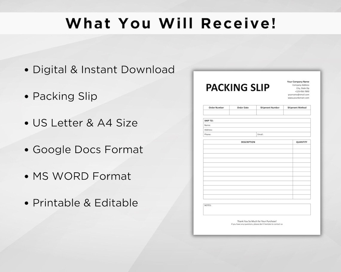 Editable Packing Slip Template. Customer Packing Slip. Printable ...