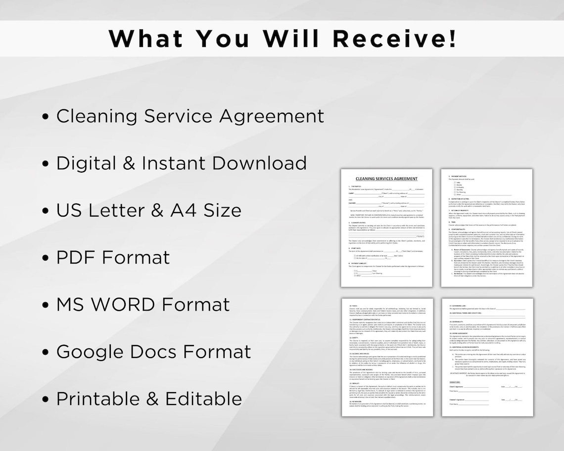 Cleaning Service Agreement Template. Printable Cleaning Business Forms ...