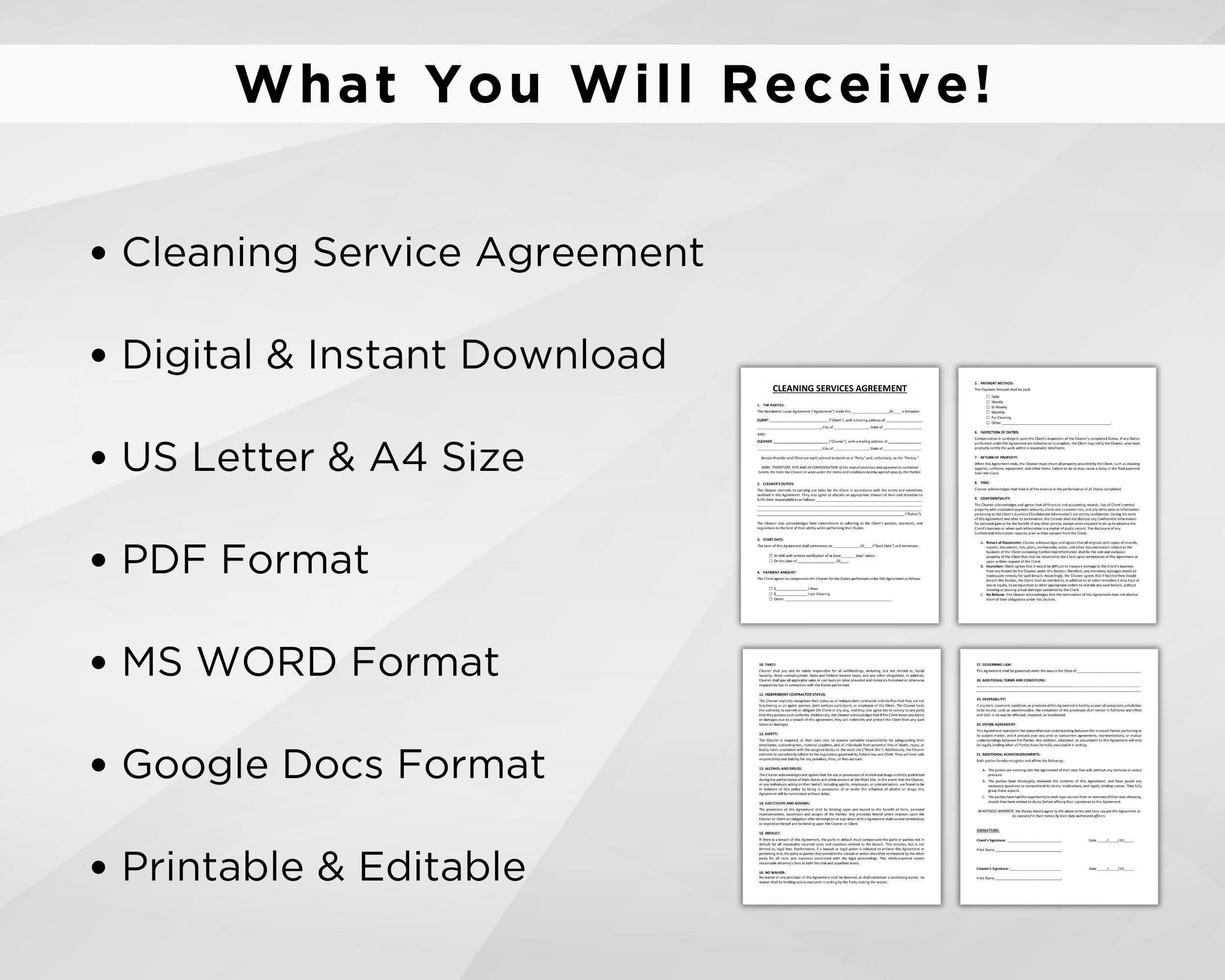 Cleaning Service Agreement Template. Printable Cleaning Business Forms ...