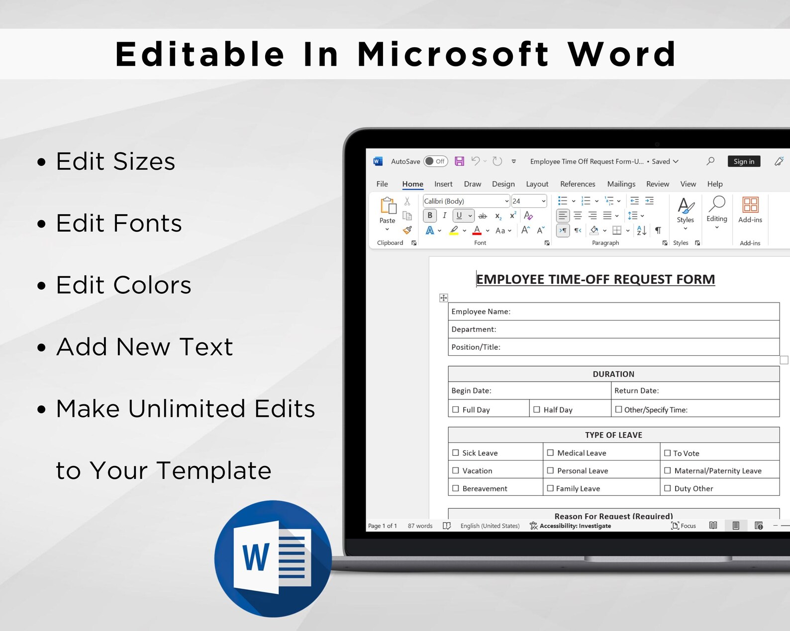 Employee Time-off Request Template Printable Vacation Request Form PTO ...