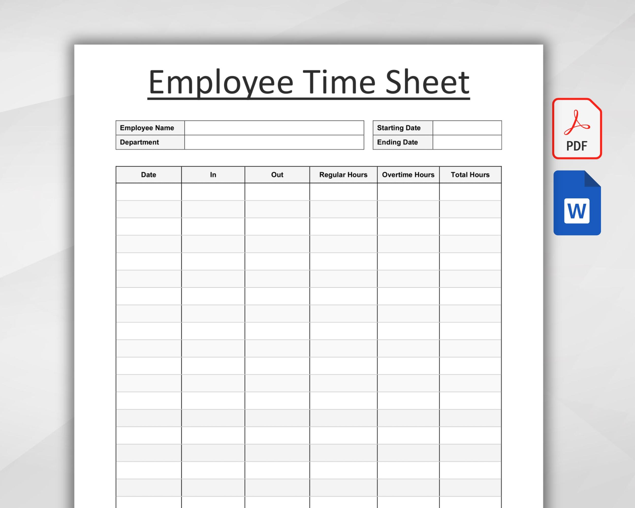 Employee Time Sheet Template Printable. Editable Time Card. Work ...