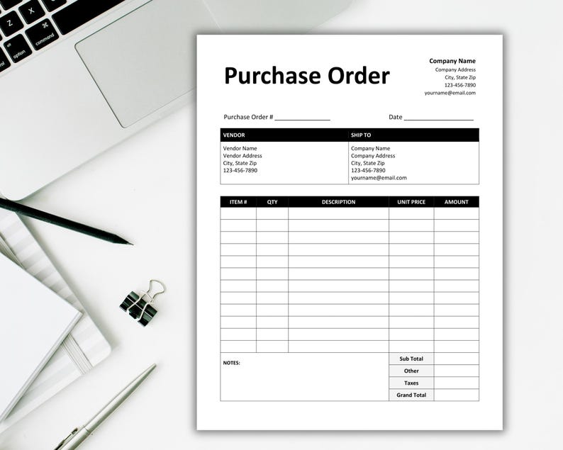 Editable Purchase Order Template. Printable Purchase Order Form. Order ...