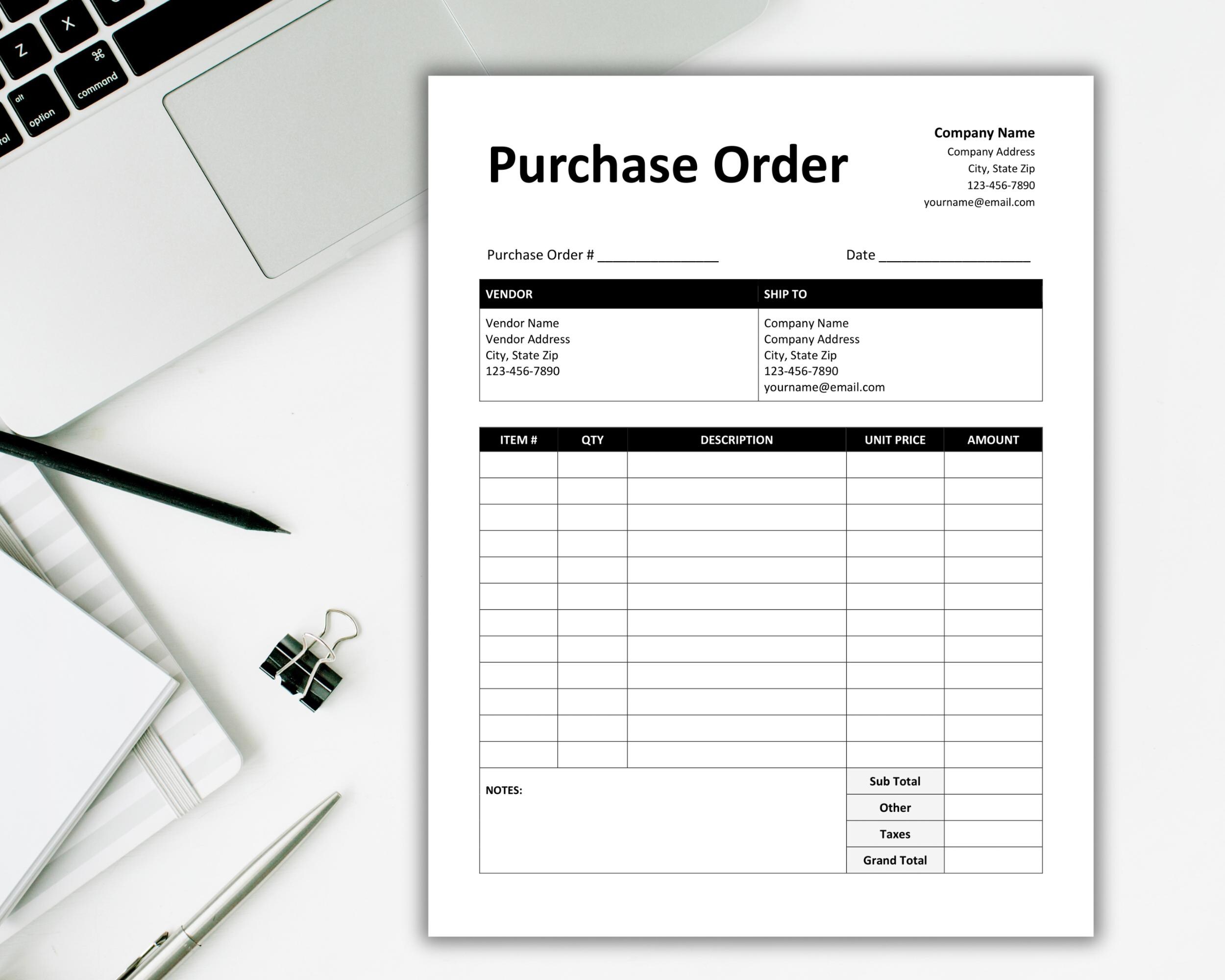 Editable Purchase Order Template. Printable Purchase Order Form. Order ...