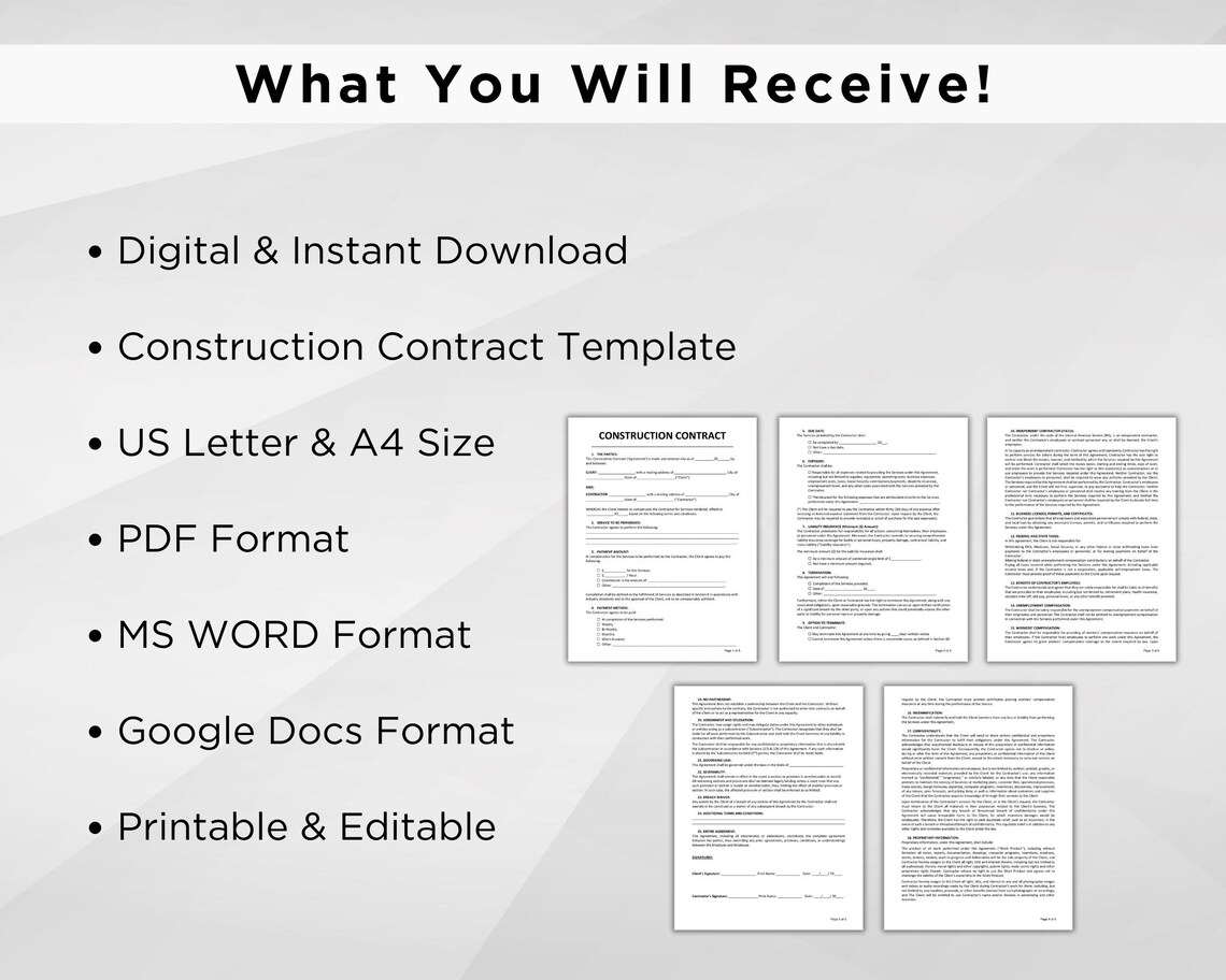 Construction Contract Form. Editable Construction Agreement Template ...