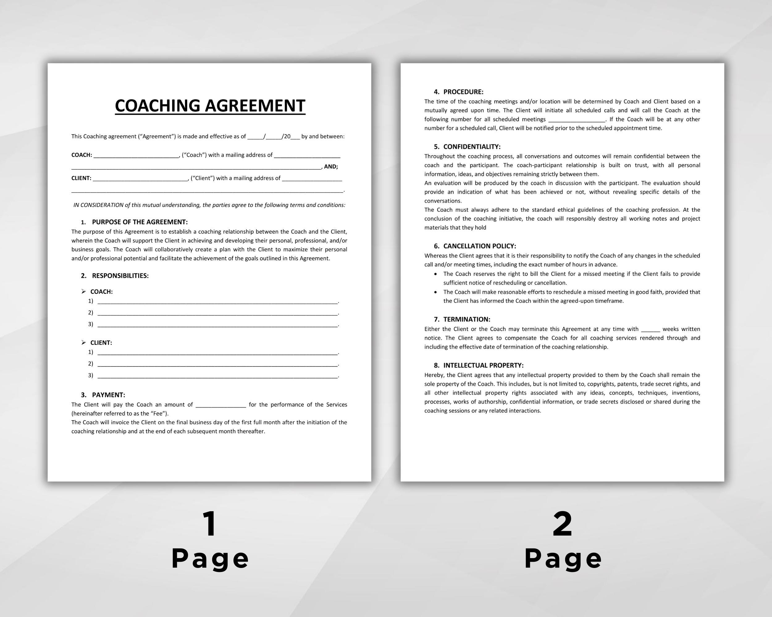 Coaching Agreement Templates. Printable Coaching Contract. Coaching ...