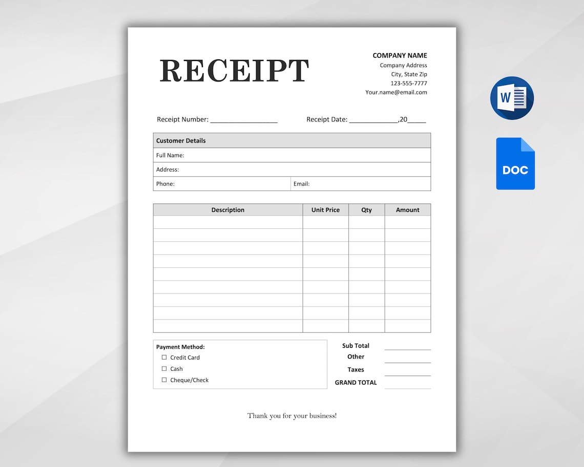 Receipt Template. Small Business Digital Receipt. Receipt Form ...
