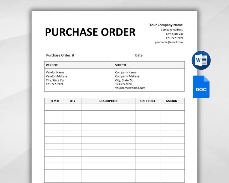 Editable Purchase Order Template | Printable PO Form for Small Business ...