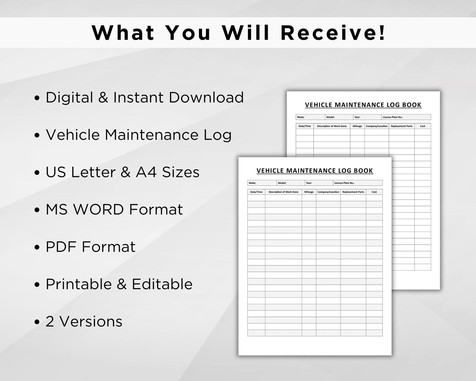 Printable Vehicle Maintenance Log. Auto Repairs & Service Checklist ...