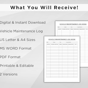 Printable Vehicle Maintenance Log. Auto Repairs & Service Checklist ...