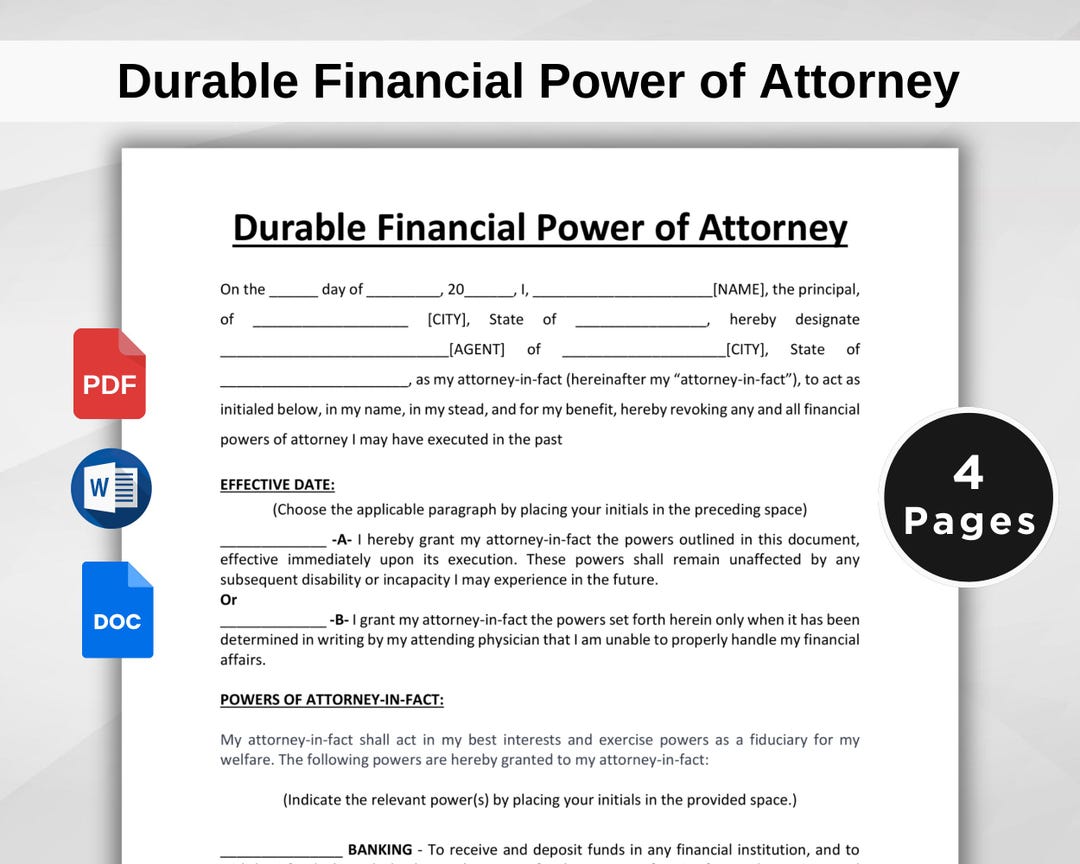 Durable Financial Power of Attorney Template. Printable POA Form ...