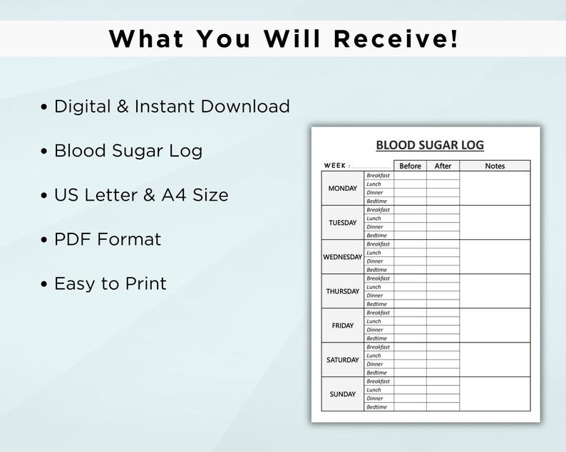 Printable Blood Sugar Log, Daily Diabetic Log, Blood Sugar Reading ...