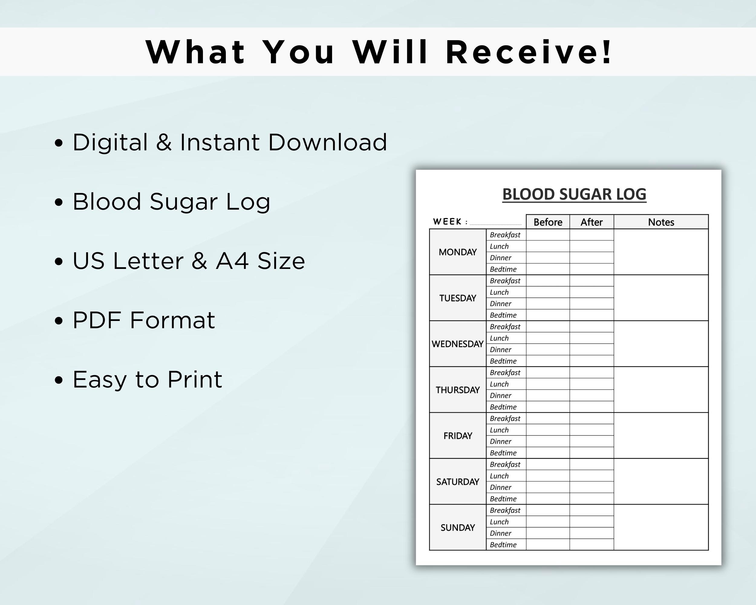 Printable Blood Sugar Log, Daily Diabetic Log, Blood Sugar Reading ...