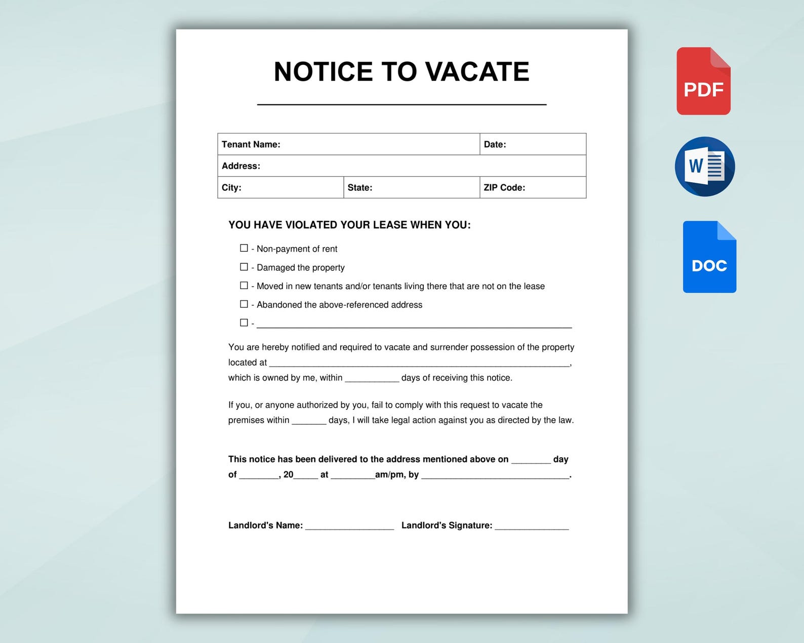 Printable Eviction Notice. Lease Termination Form. Editable Notice to ...