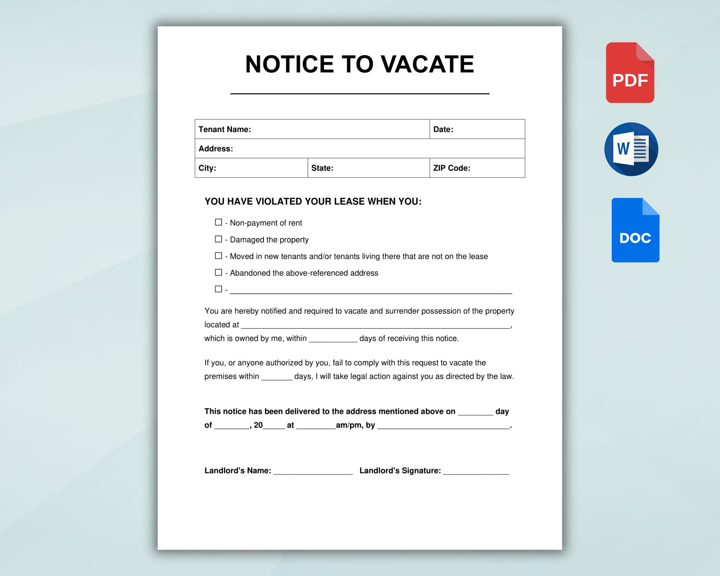 Printable Eviction Notice. Lease Termination Form. Editable Notice to ...