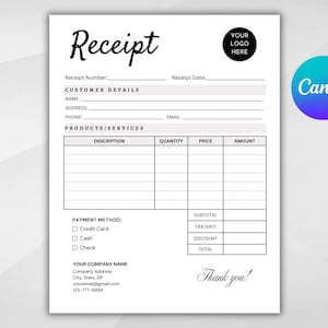 Editable Receipt Template. Small Business Digital Receipt. Receipt Form ...