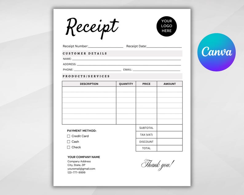 Editable Receipt Template. Small Business Digital Receipt. Receipt Form ...
