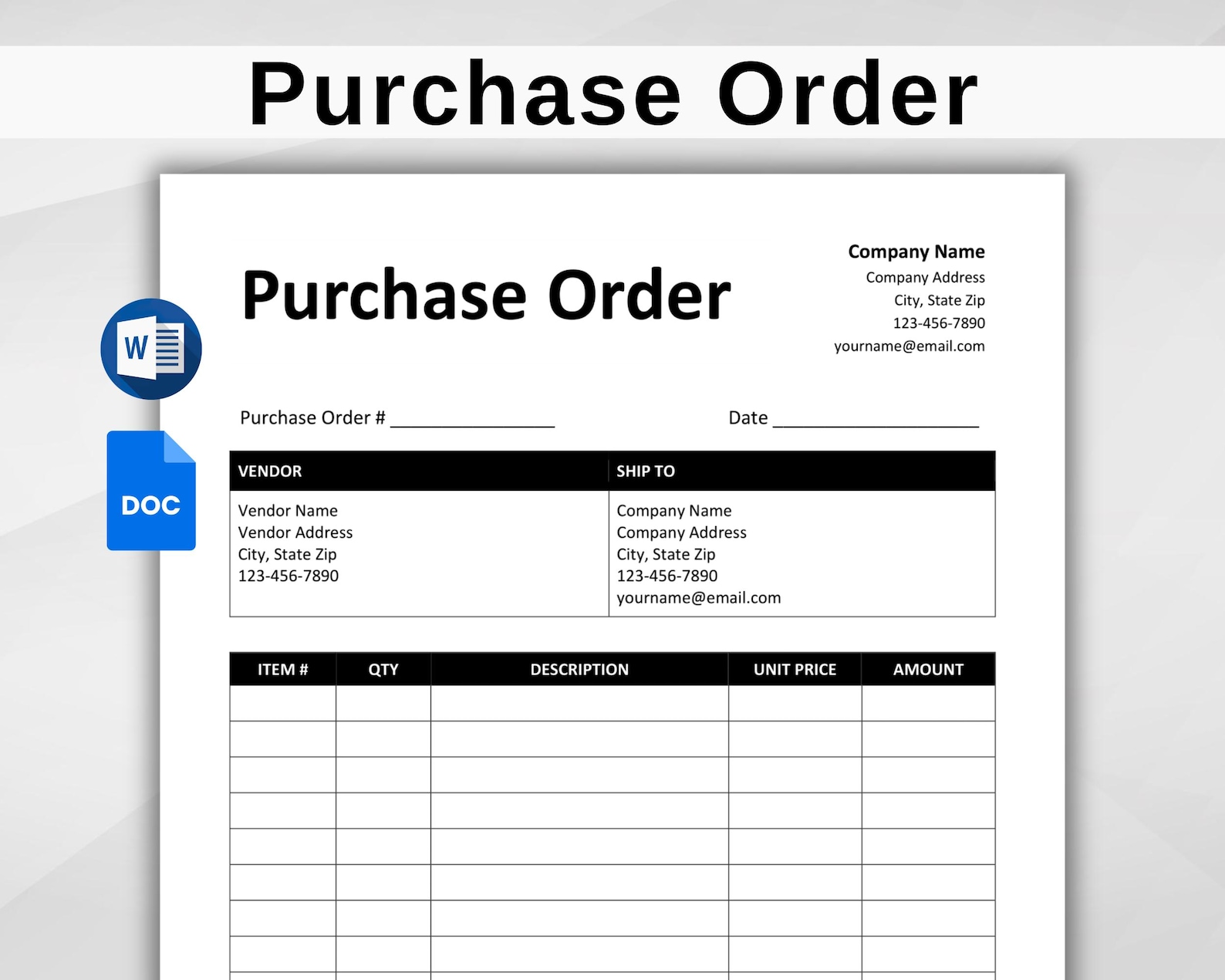 Editable Purchase Order Template. Printable Purchase Order Form. Order ...
