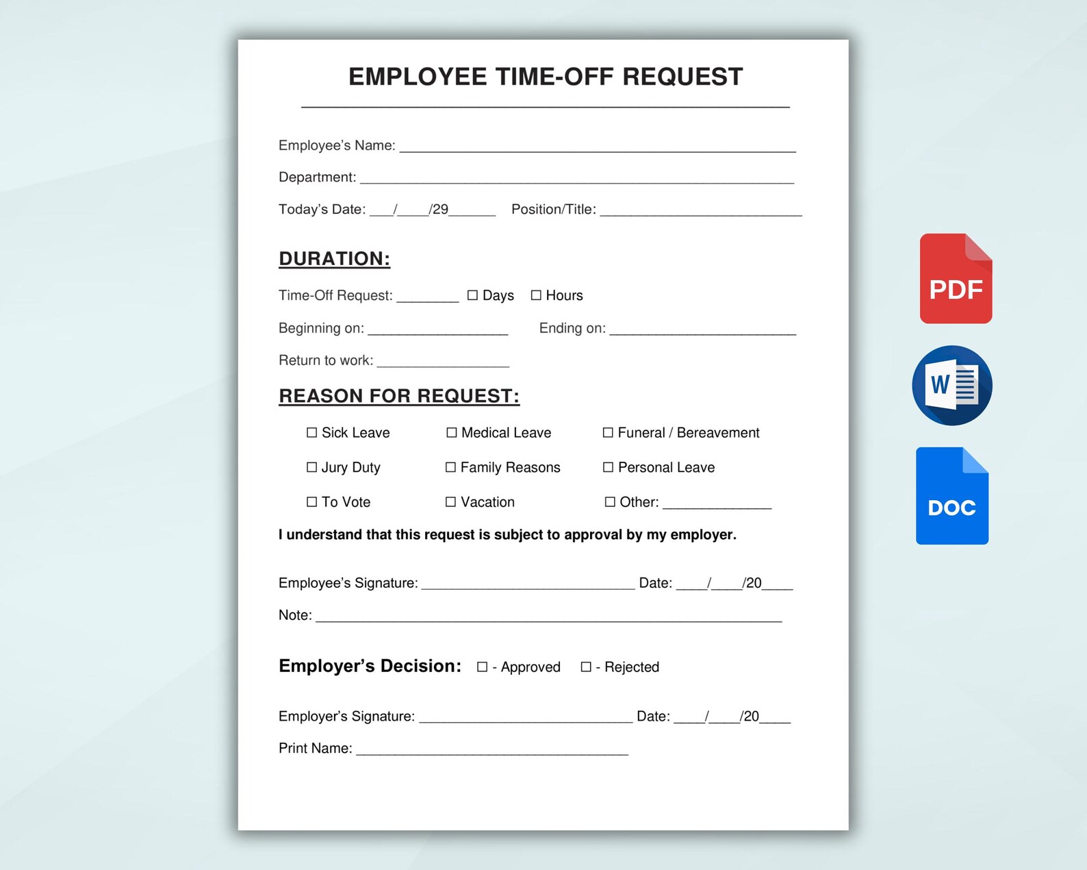 Editable Employee Time-off Request Template, Printable Vacation Request ...