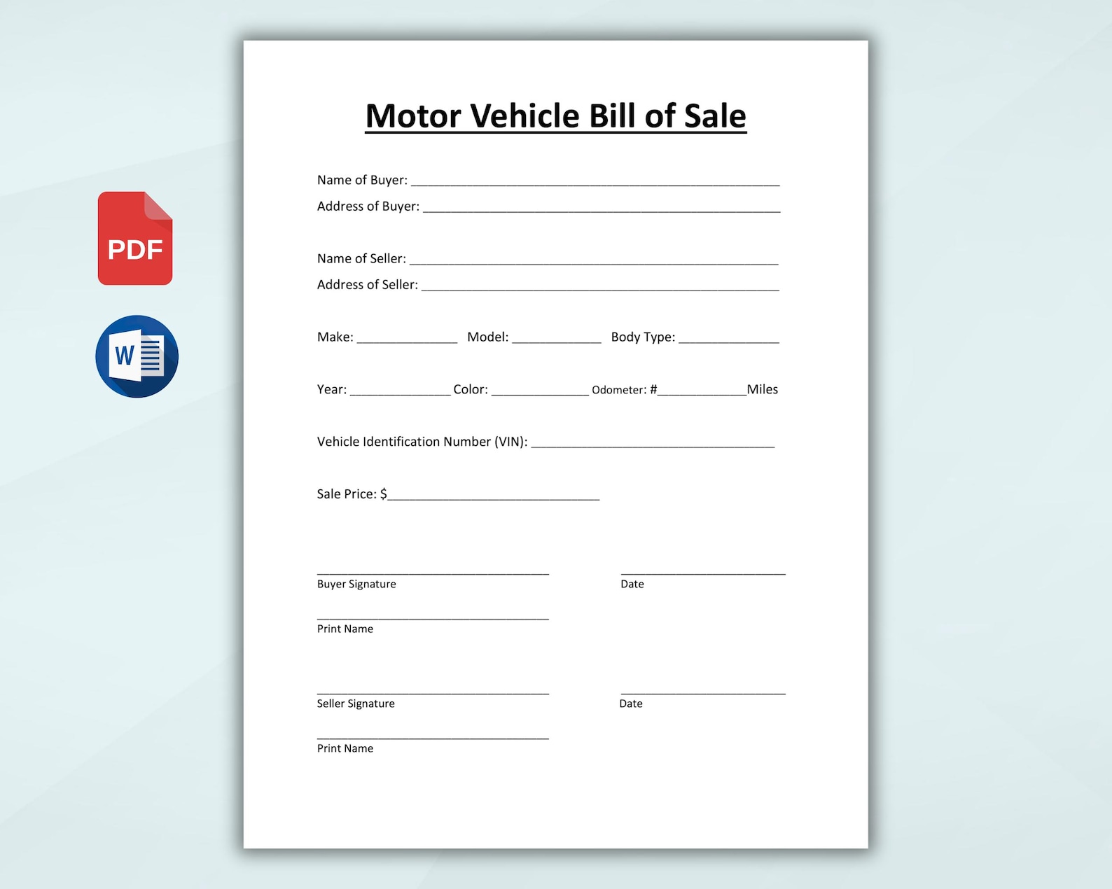 Motor Vehicle Bill of Sale. Printable Car Sale Form. Bill of Sale Form ...
