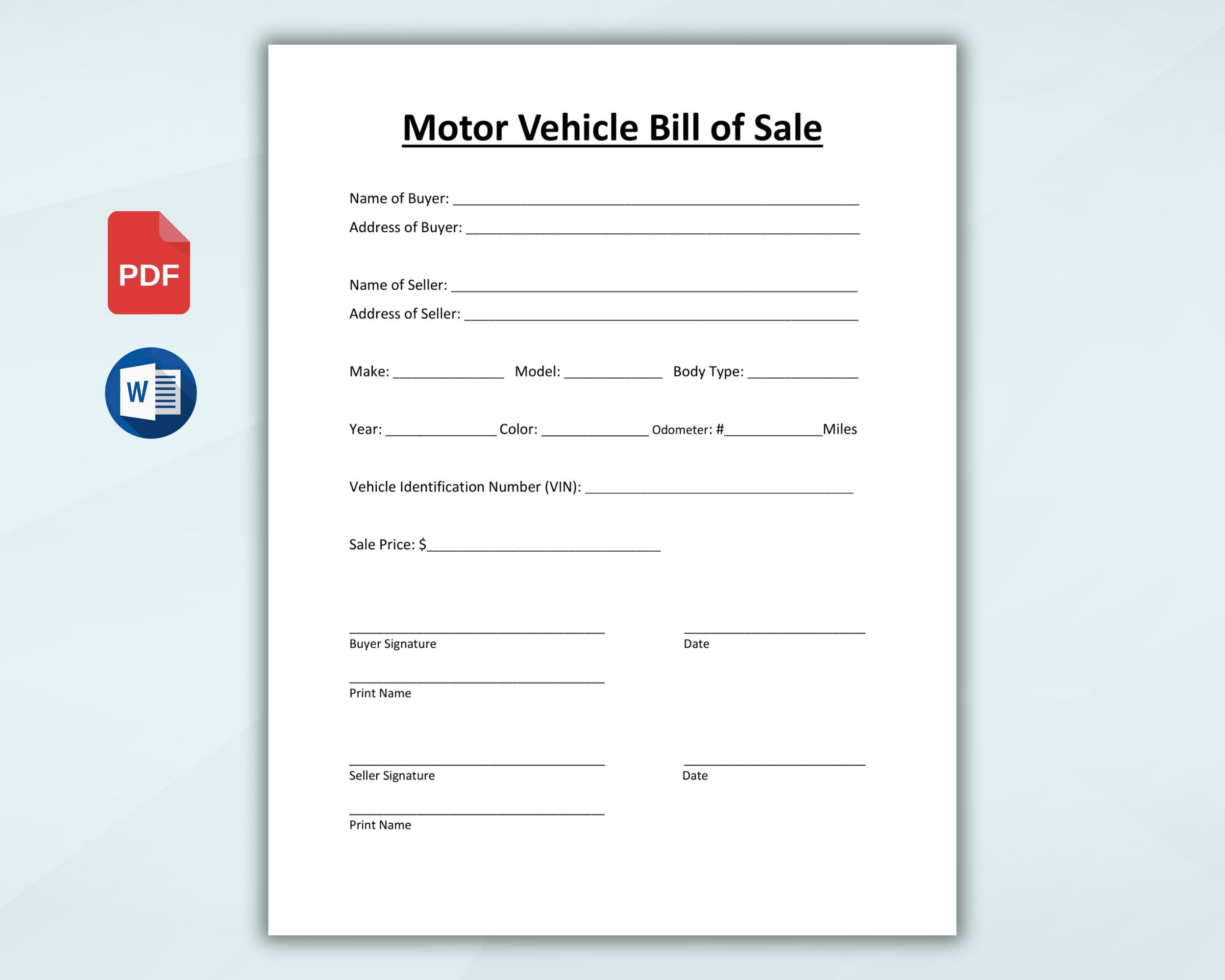Motor Vehicle Bill of Sale. Printable Car Sale Form. Bill of Sale Form ...