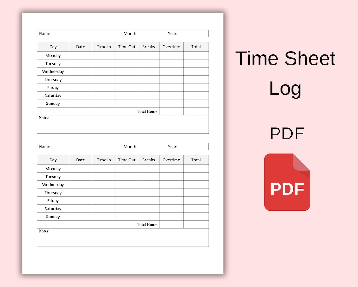 Printable Weekly Time Sheet Log. Time Keeping Log. Timesheet Log. Time ...