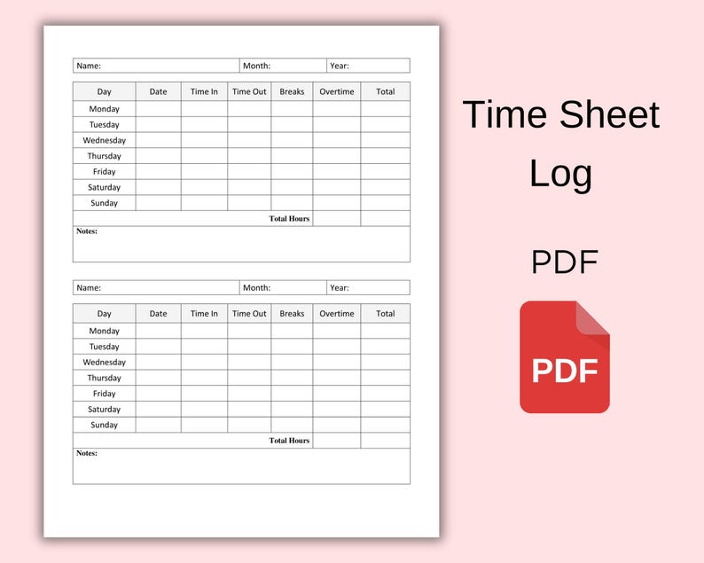 Printable Weekly Time Sheet Log. Time Keeping Log. Timesheet Log. Time ...