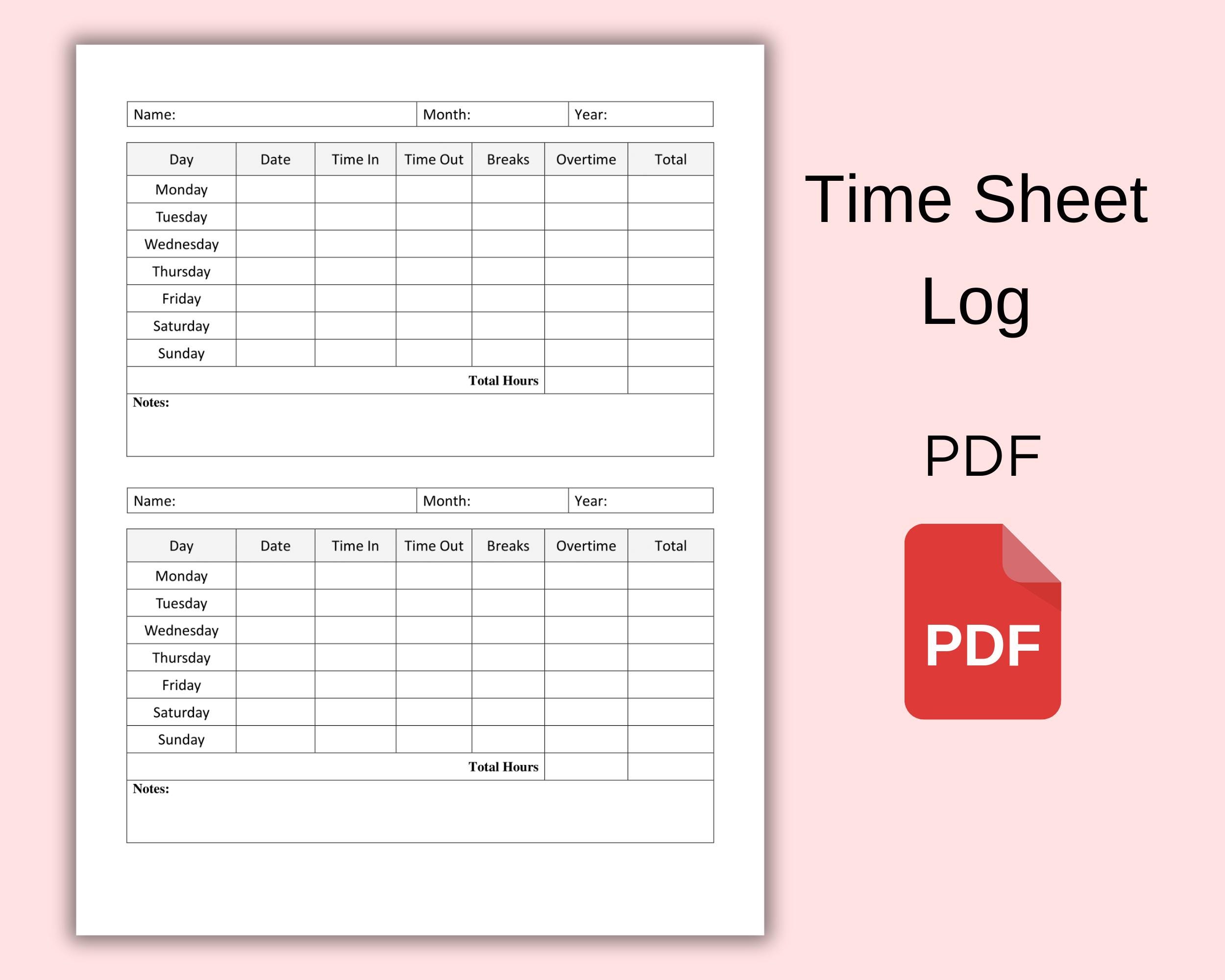 Printable Weekly Time Sheet Log. Time Keeping Log. Timesheet Log. Time ...