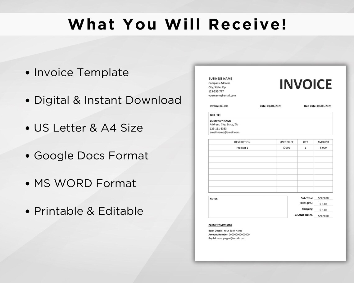 Printable Invoice Template. Business Invoice. Services Invoice. Billing ...