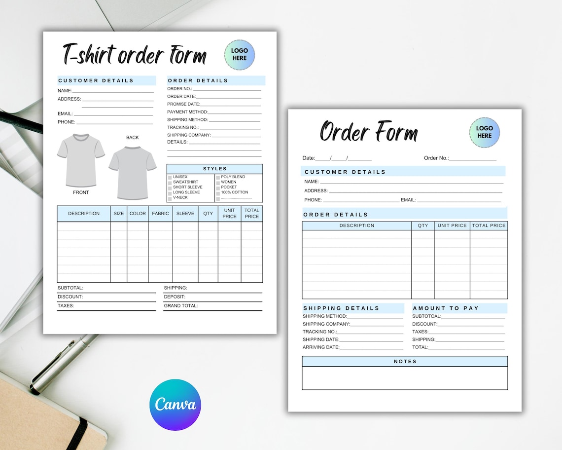 Small Business Bundle. Printable Forms for Crafters. T-shirt Order Form ...
