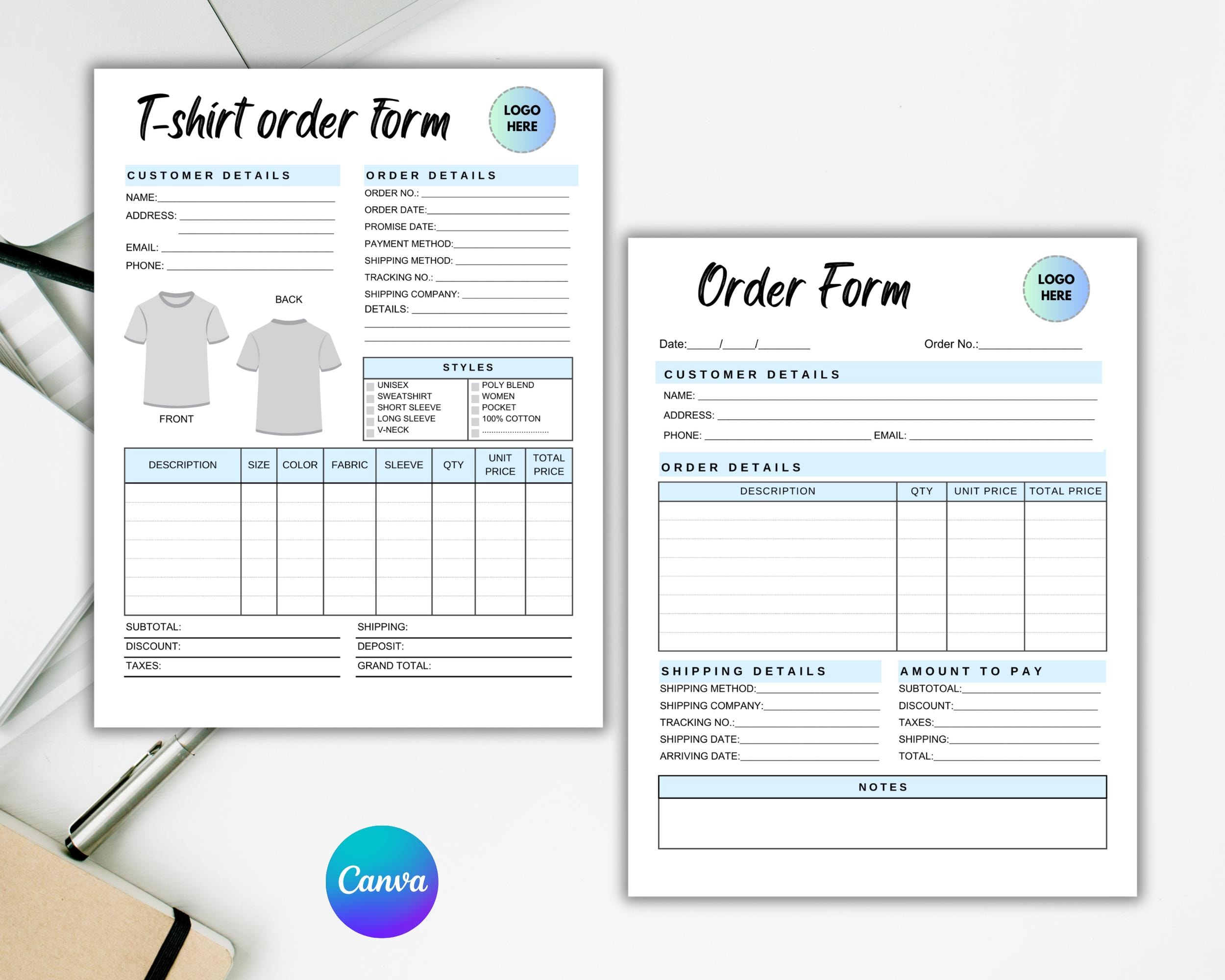 Small Business Bundle. Printable Forms for Crafters. T-shirt Order Form ...