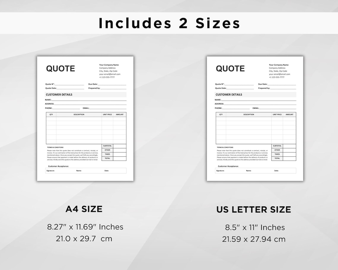 Printable Quote Template. Quote Form. Job Proposal. Price Estimate for ...