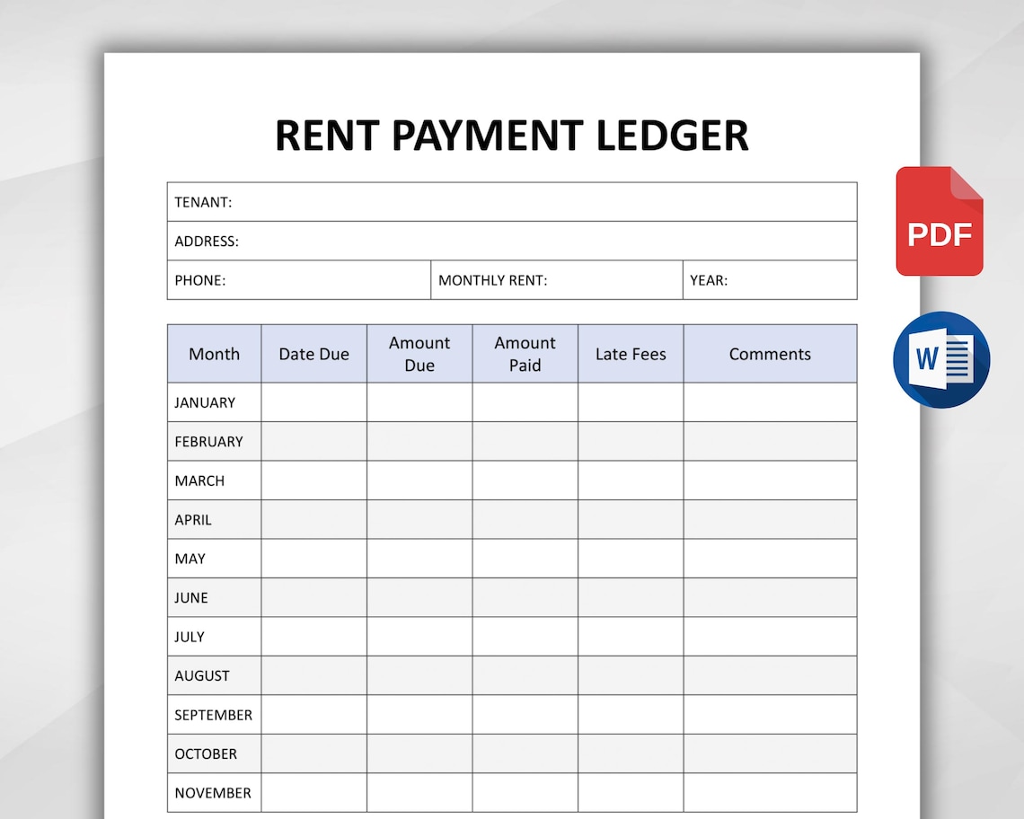 Editable Rent Payment Ledger Template. Printable Rental Payment Tracker ...