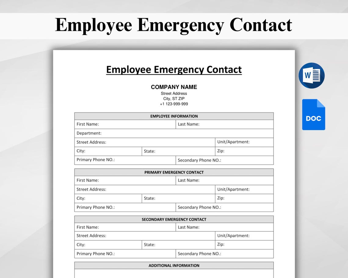 Employee Emergency Contact Form Editable. Employee Emergency Contact ...