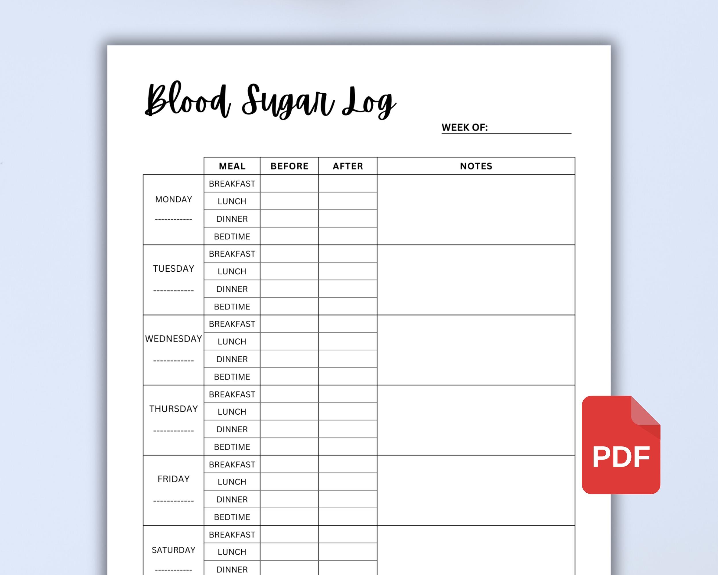 Blood Sugar Log Printable. Blood Glucose Tracker. Diabetic Log ...