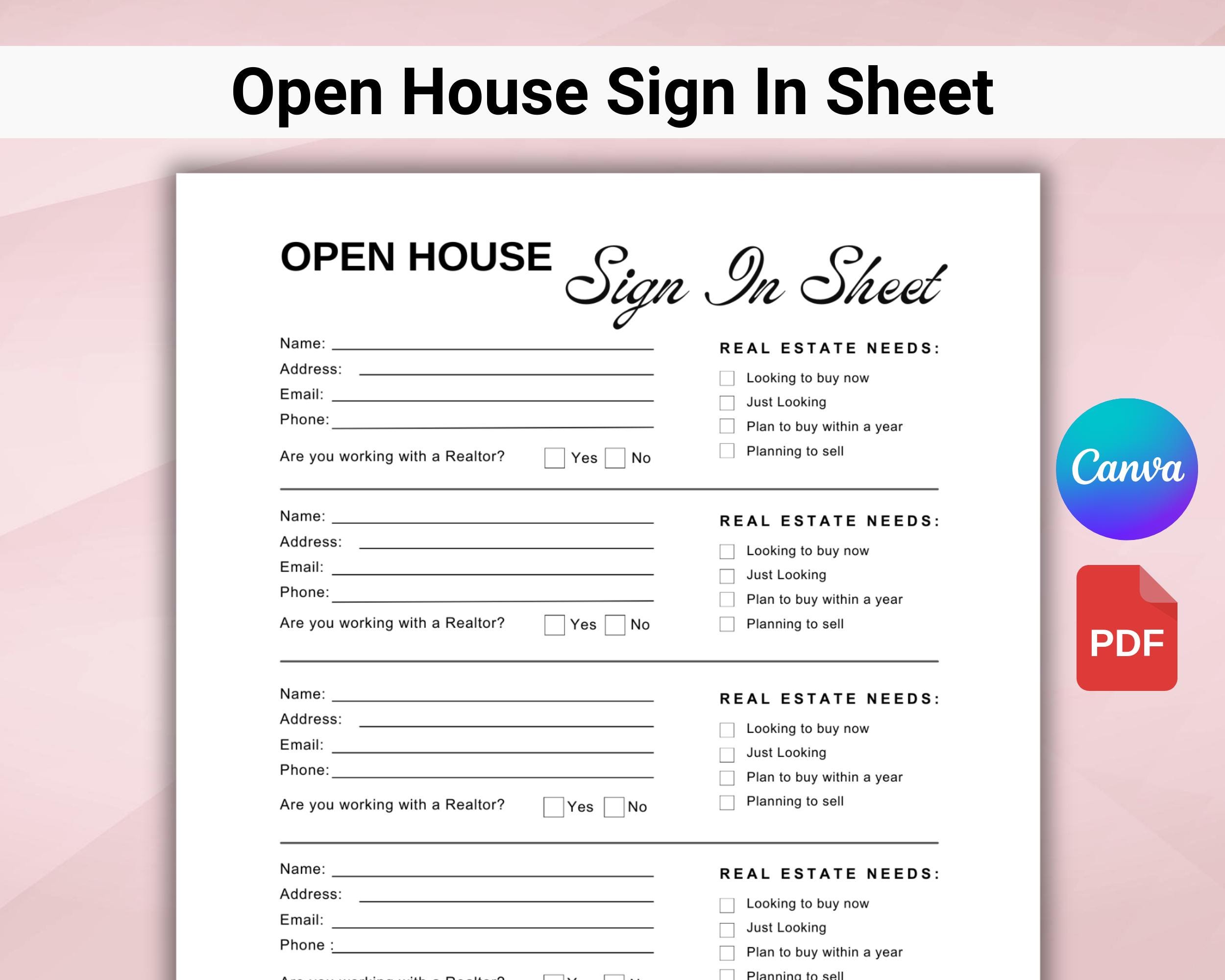 Open House Sign-in Sheets. Editable Real Estate Agent Marketing ...