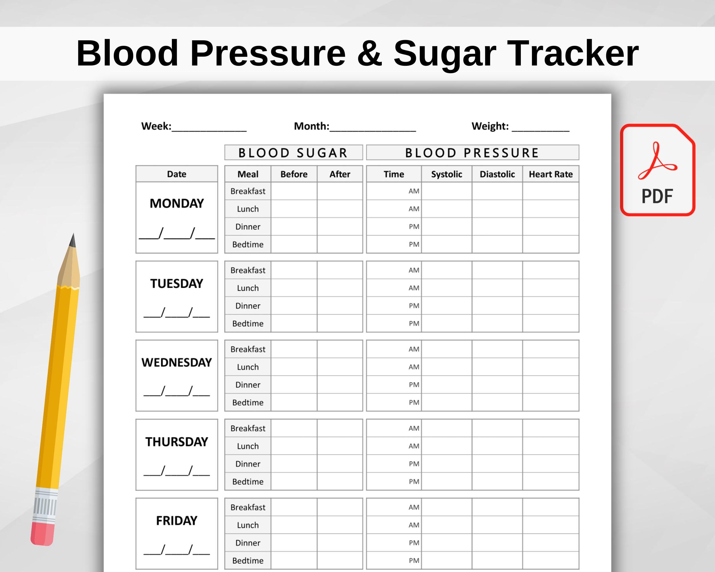 Blood Sugar and Blood Pressure Tracker Printable. Daily Blood Pressure Log. Weekly Blood Sugar ...