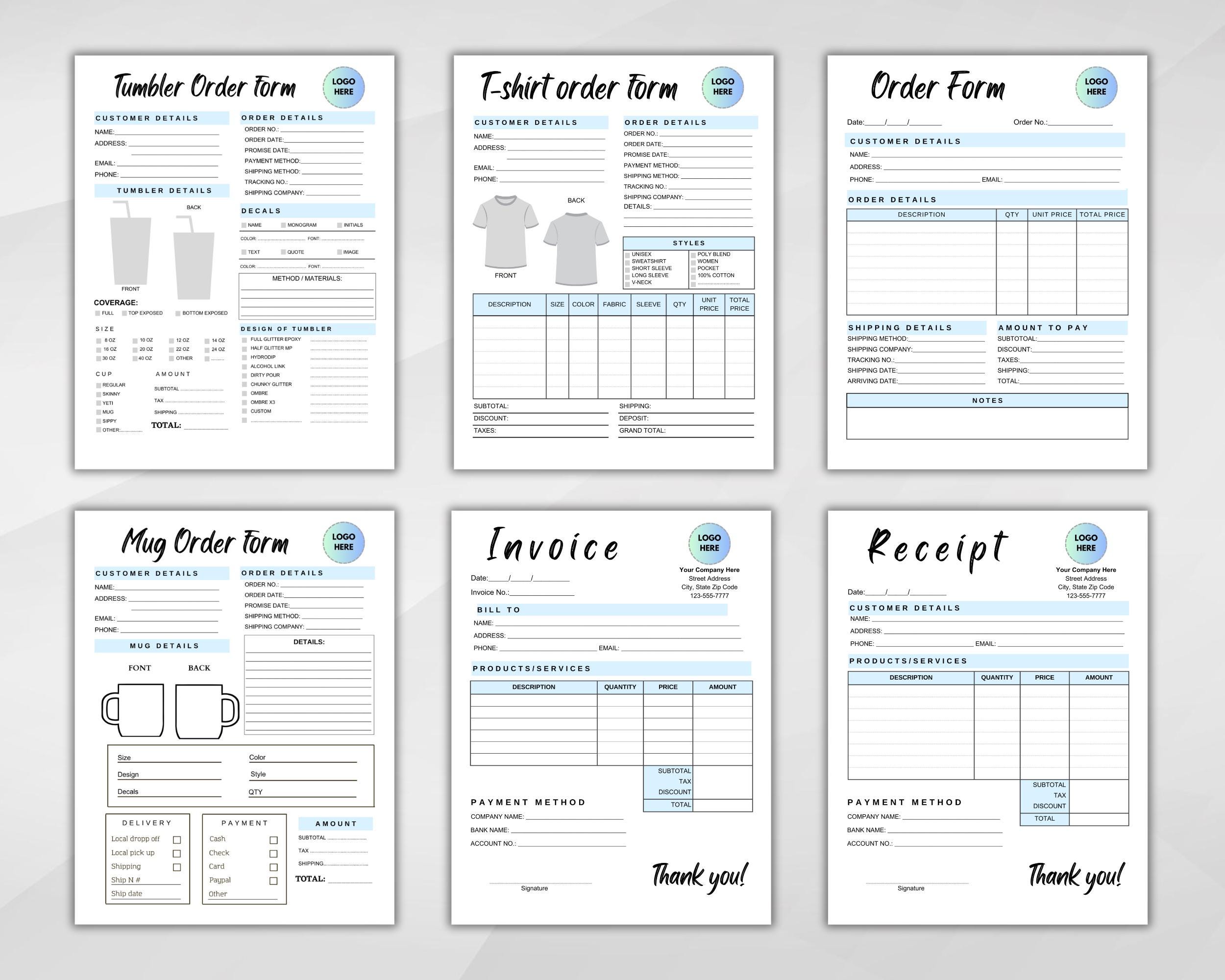 Small Business Bundle. Printable Forms for Crafters. T-shirt Order Form ...