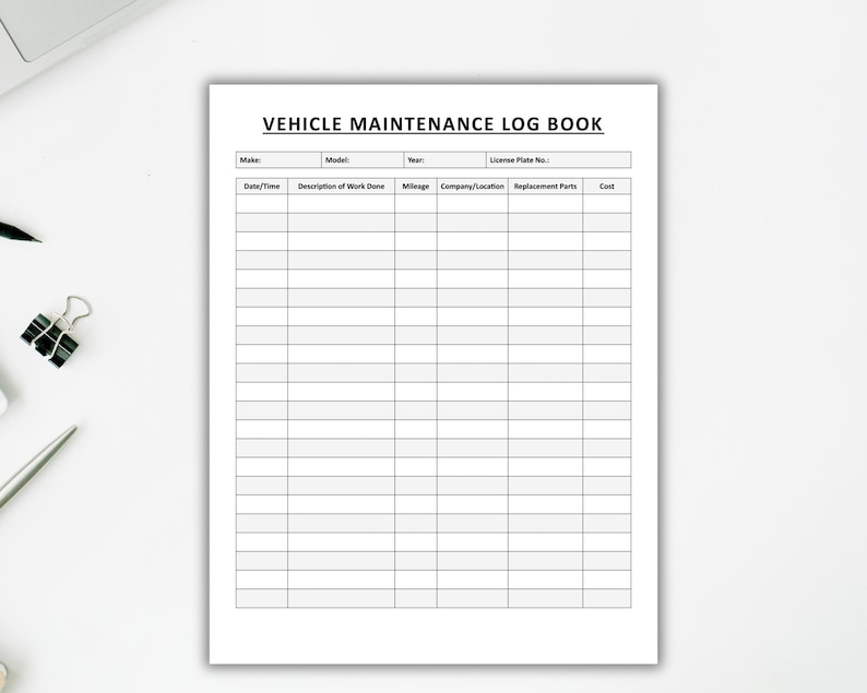 Printable Vehicle Maintenance Log. Auto Repairs & Service Checklist ...