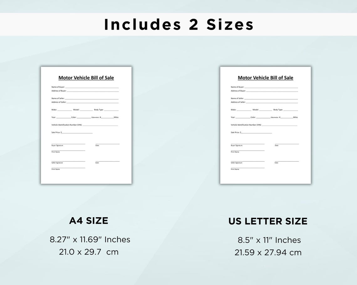 Motor Vehicle Bill of Sale. Printable Car Sale Form. Bill of Sale Form ...