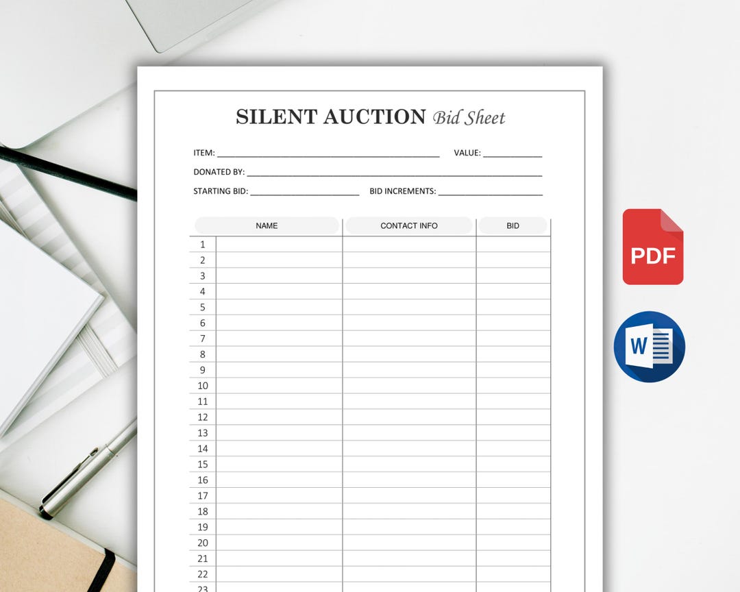 Editable Silent Auction Bid Sheet Template, Printable Auction Sign up ...