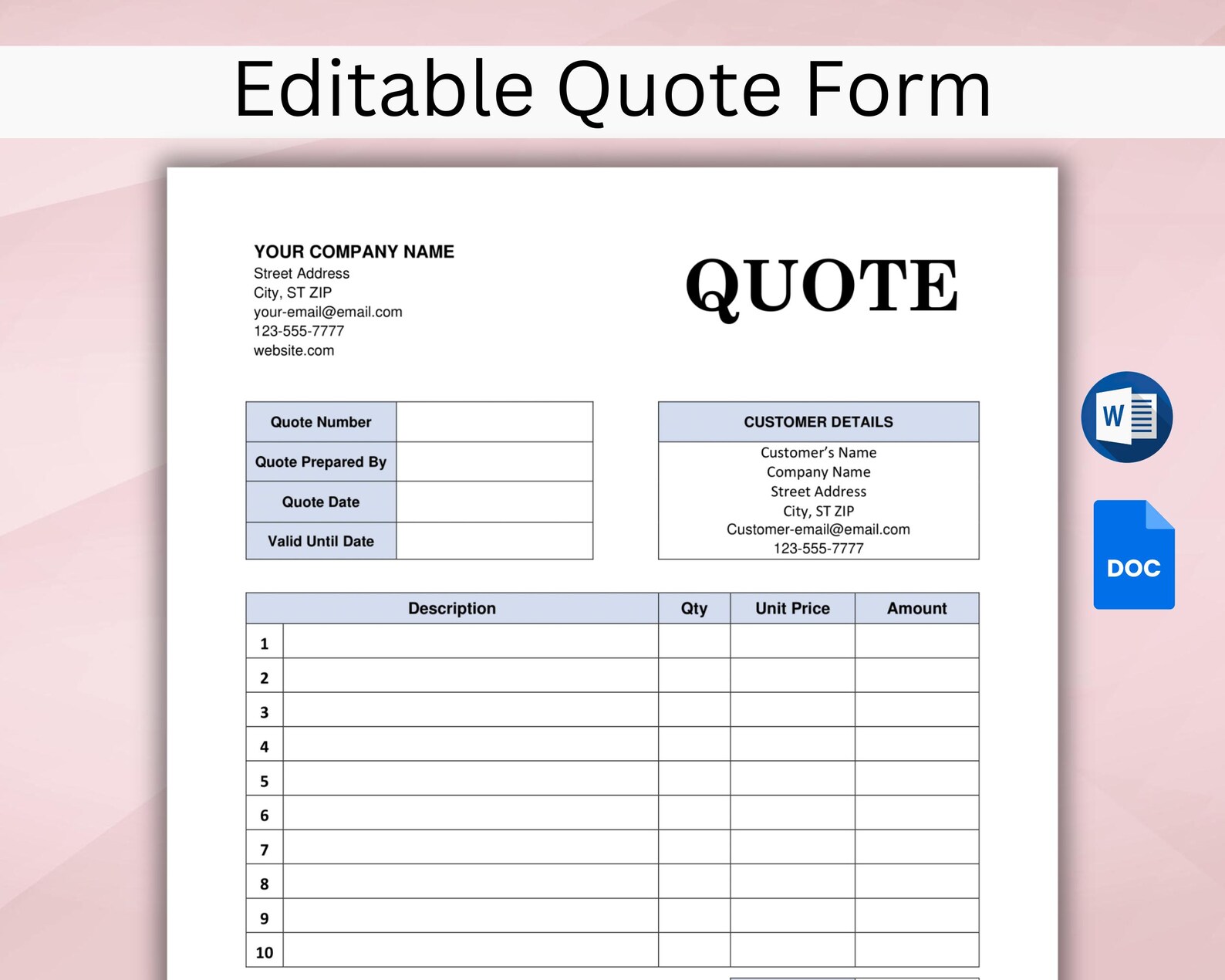 Editable Quote Template. Quote Form. Job Proposal. Job Quote for Small ...
