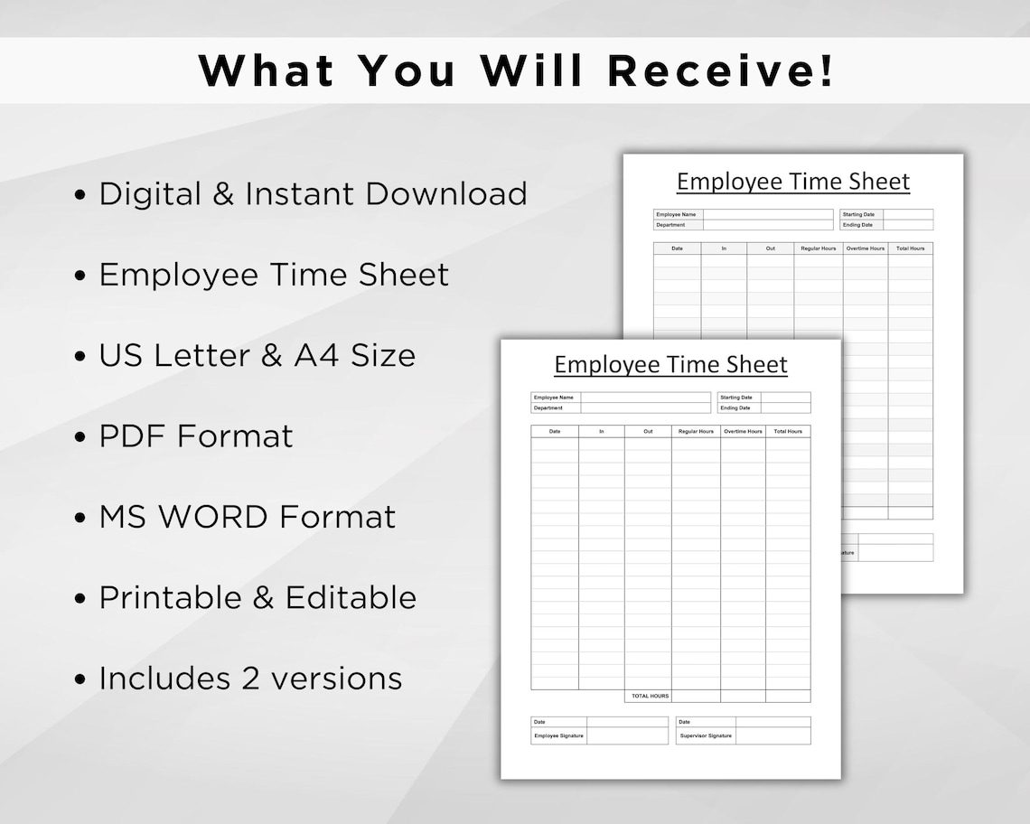 Employee Time Sheet Template Printable. Editable Time Card. Work ...