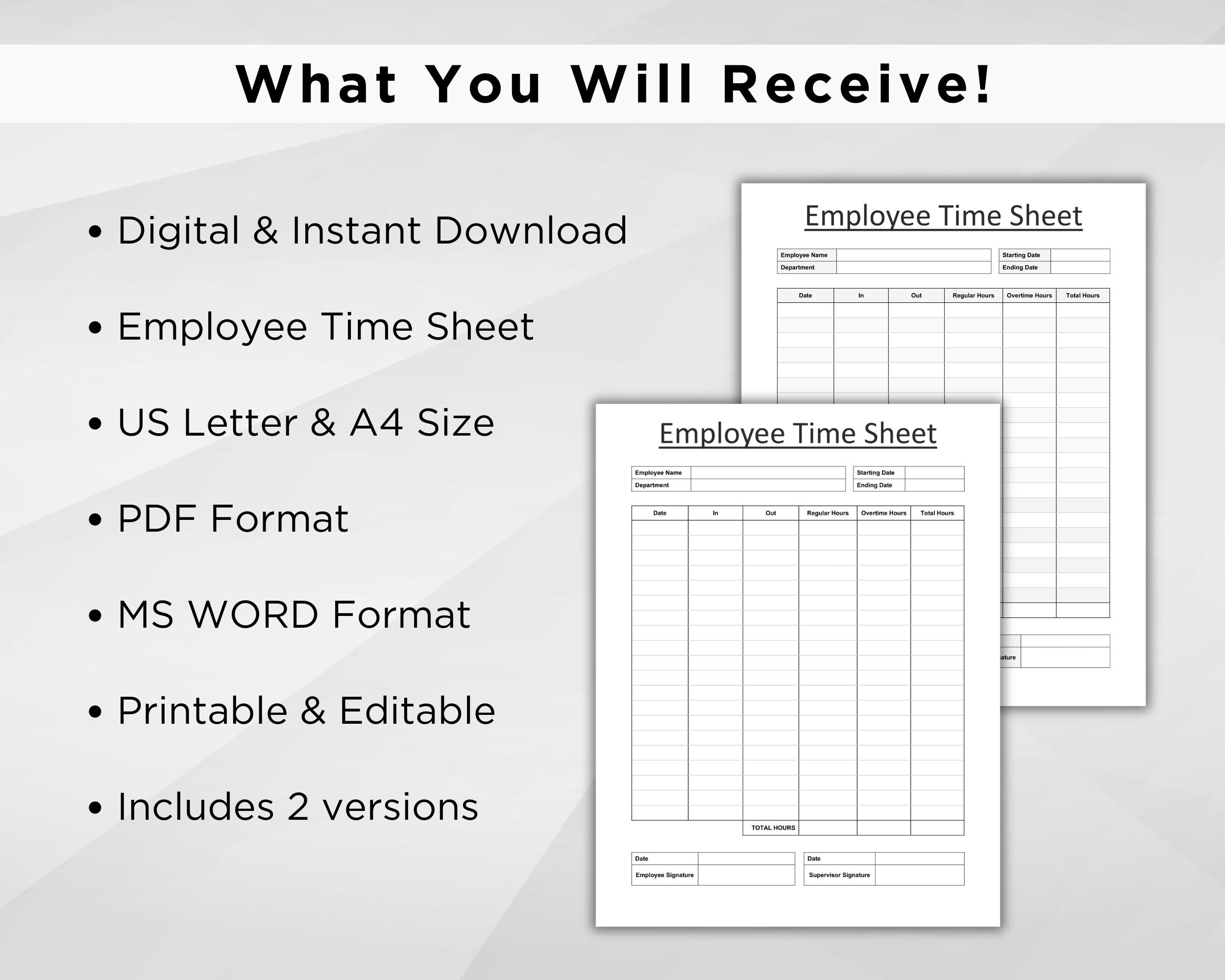 Employee Time Sheet Template Printable. Editable Time Card. Work ...