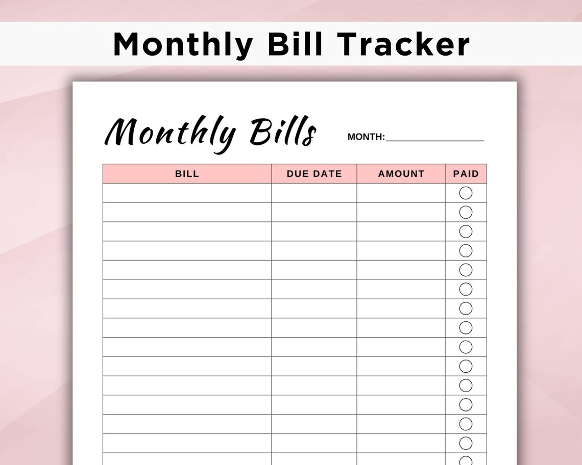 Printable Monthly Bill Log. Bill Planner. Bill Payment Checklist ...
