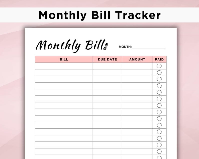 Printable Monthly Bill Log. Bill Planner. Bill Payment Checklist ...