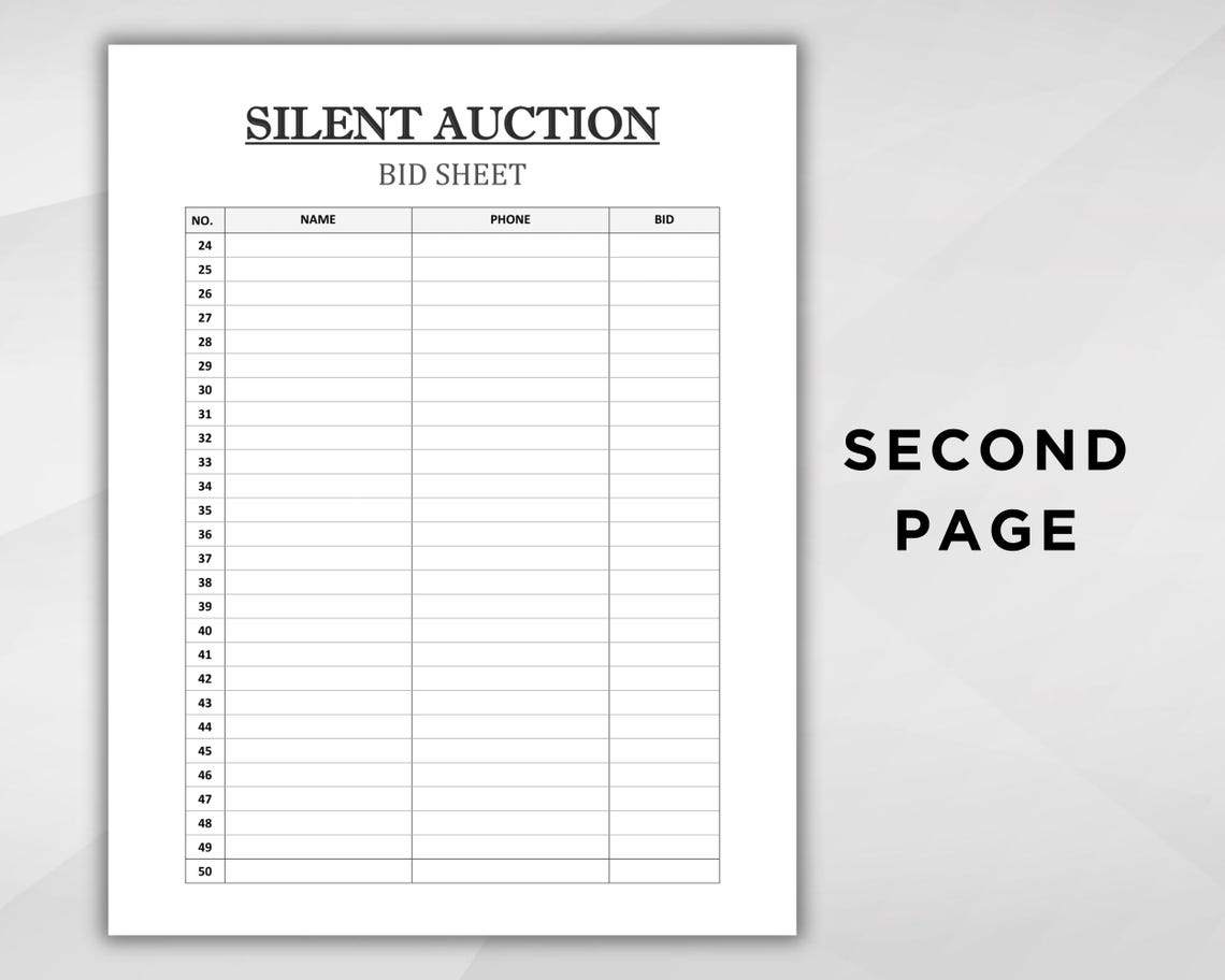 Printable Silent Auction Bid Sheet Silent Auction Sign up Sheet Fundraiser Sheet Silent Auction ...