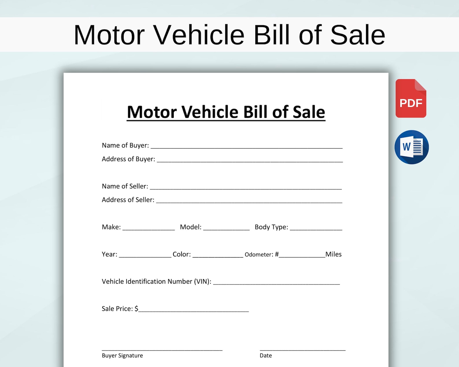 Motor Vehicle Bill of Sale. Printable Car Sale Form. Bill of Sale Form ...