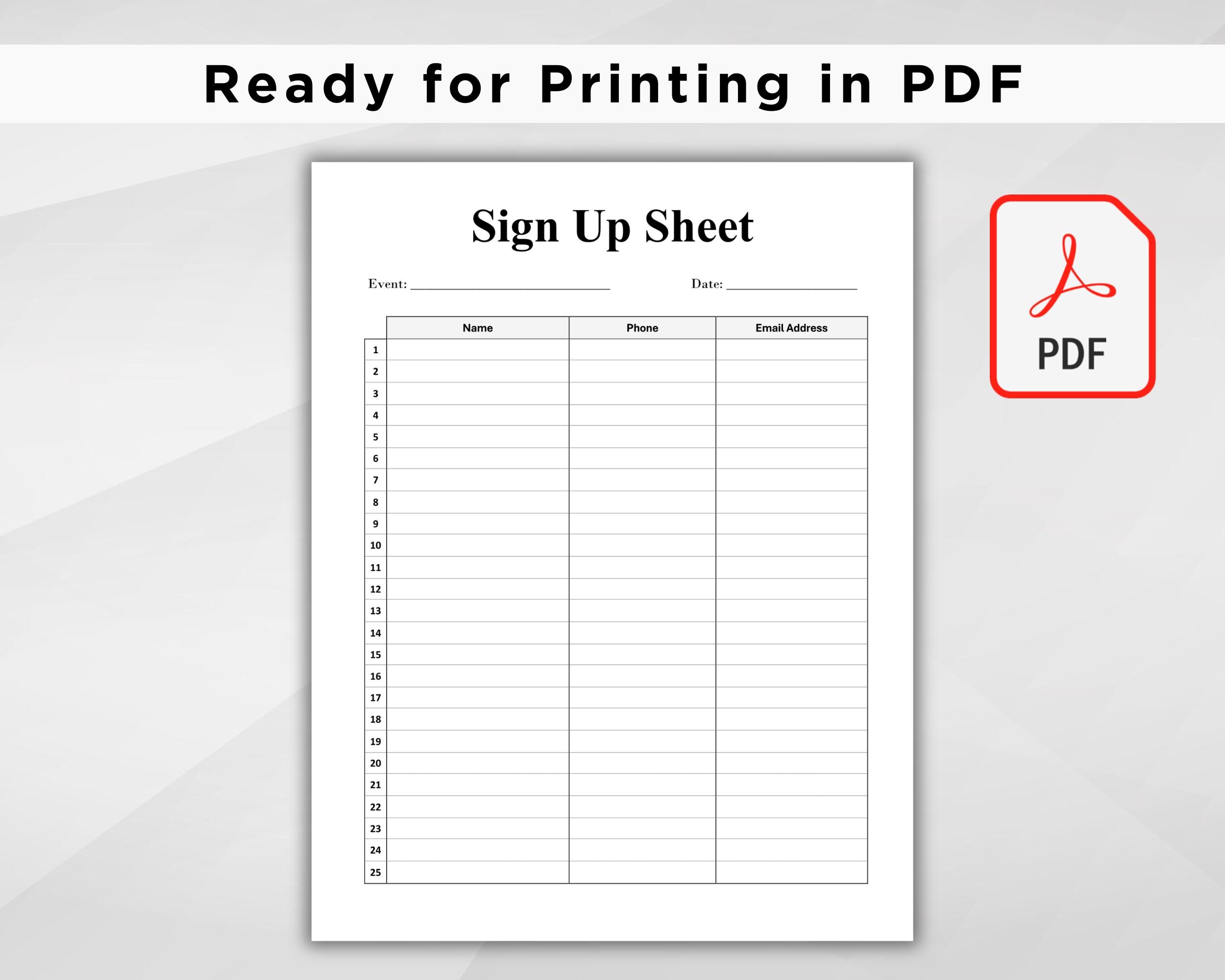 Sign up Sheet Template. Printable Sign up Templates. Event Sign up ...