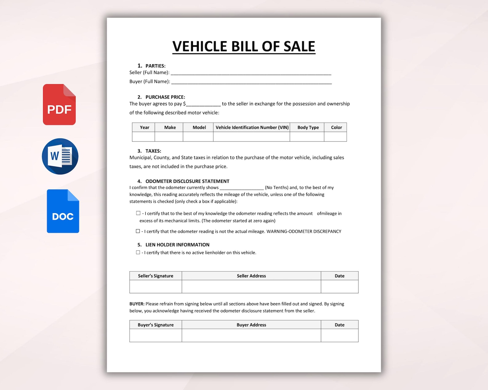Vehicle Bill of Sale Template. Printable Car Sale Form. Bill of Sale ...